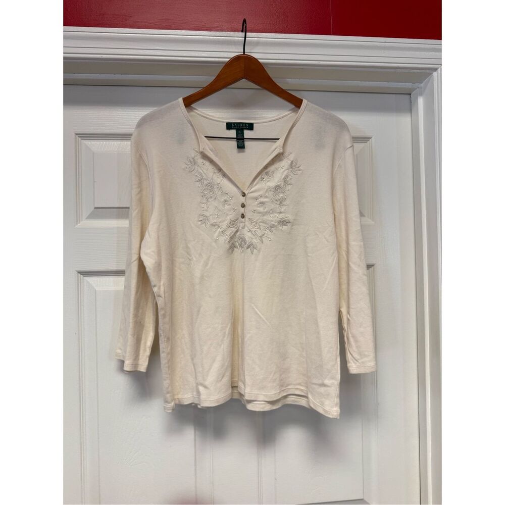 Lauren Ralph Lauren Cream Embroidered Henley Top Sz X… - Gem